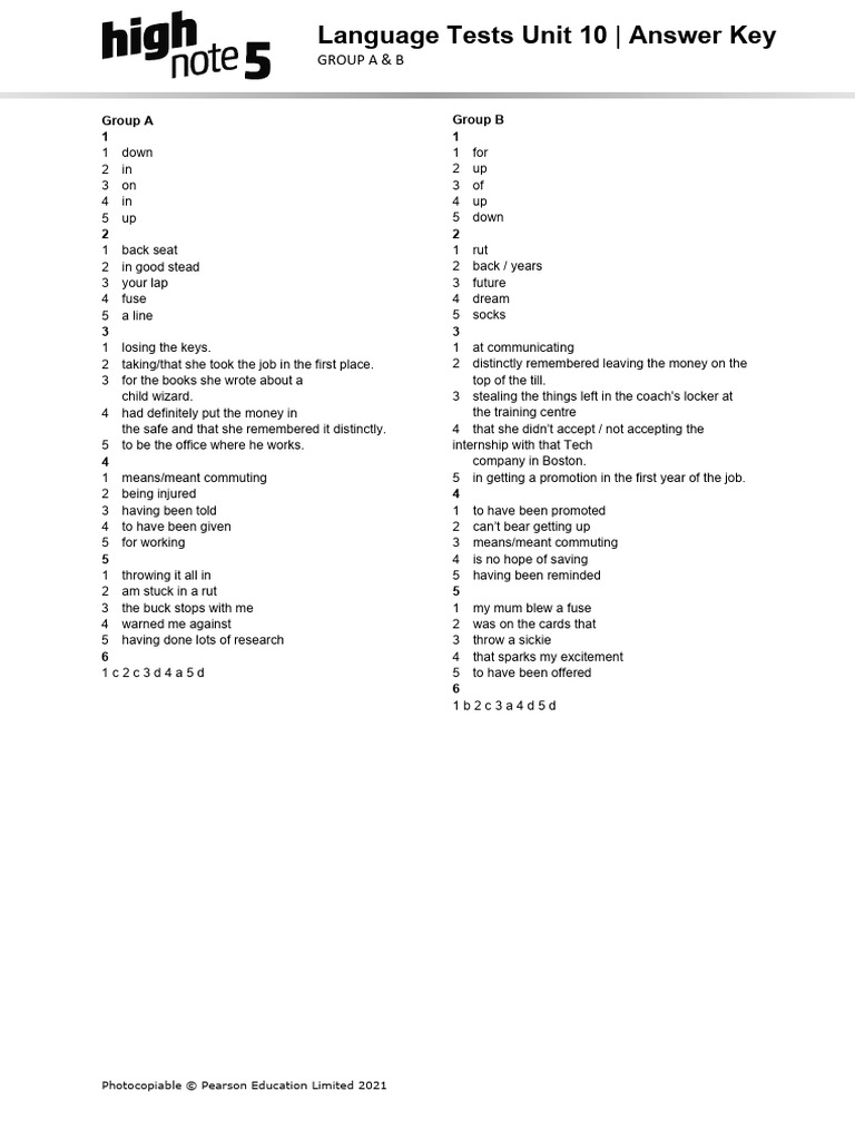HighNote5_Unit_Language_Test_Unit10_GroupA_B_ANSWERS | PDF
