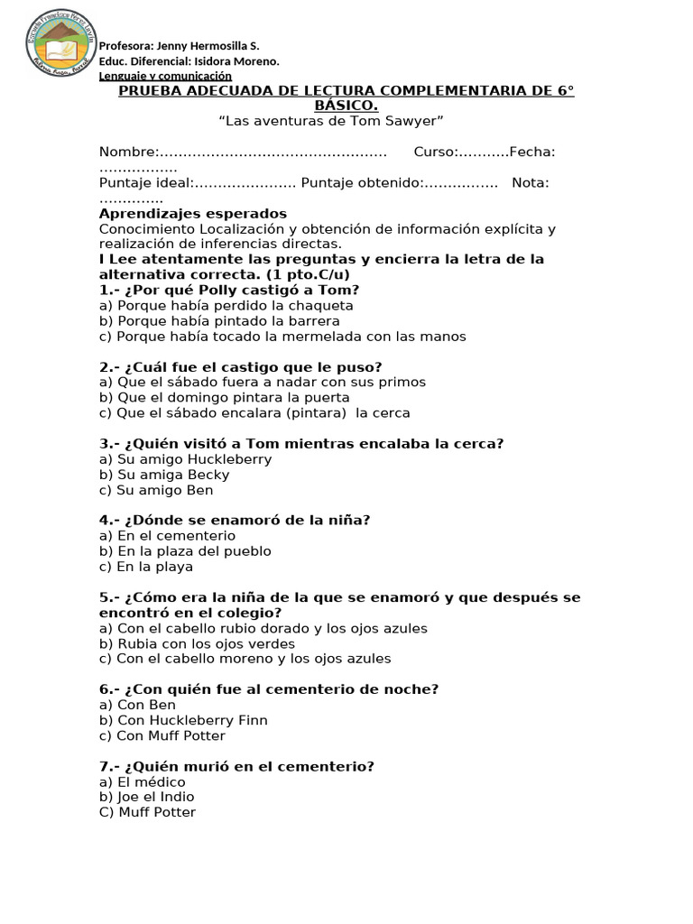 PRUEBA DE LECTURA COMPLEMENTARIA DE 7 Las Aventuras de Tom Sawyer | PDF