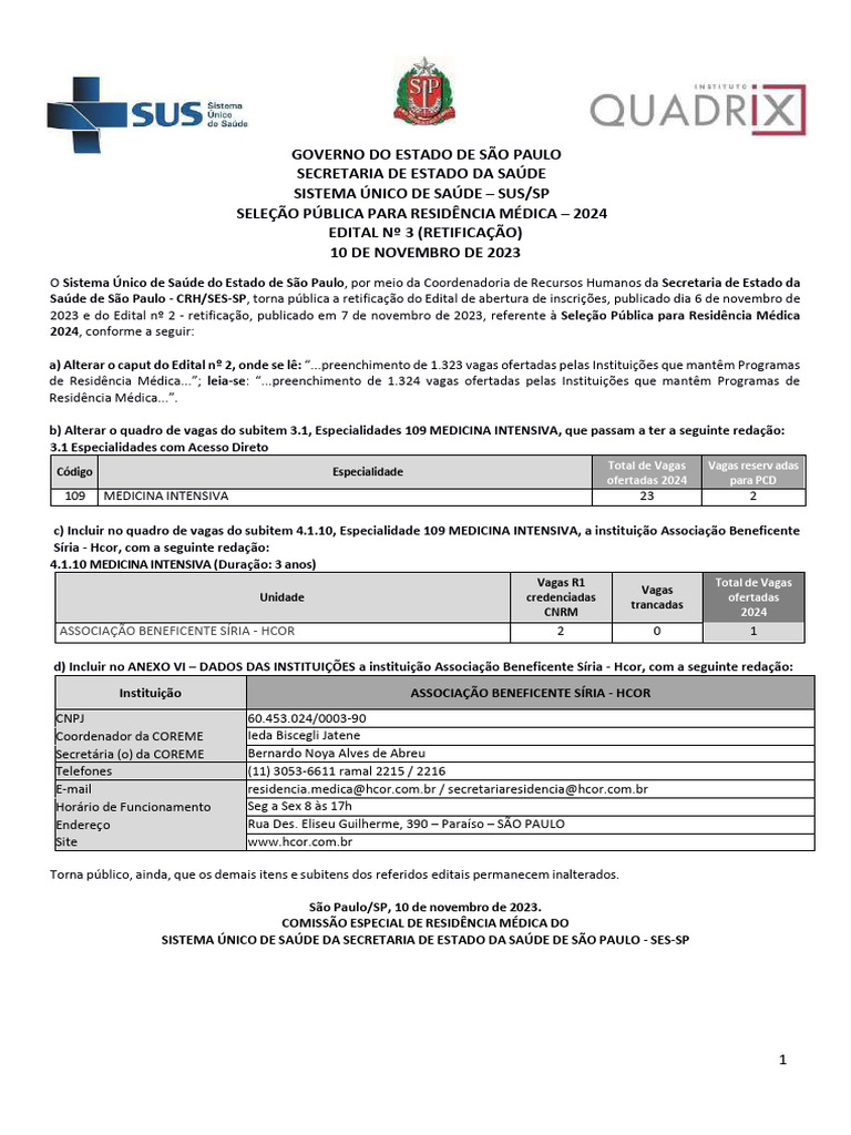 SES-SP RM 2024 Edital 3 Retificacao | PDF