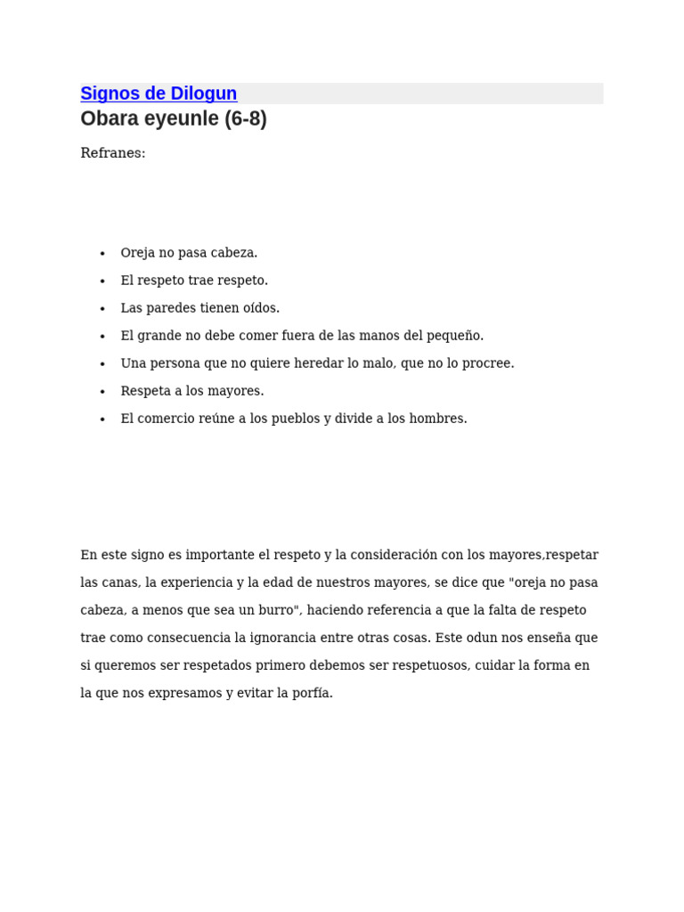 Obara Eyeunle (6-8) : Signos de Dilogun | PDF