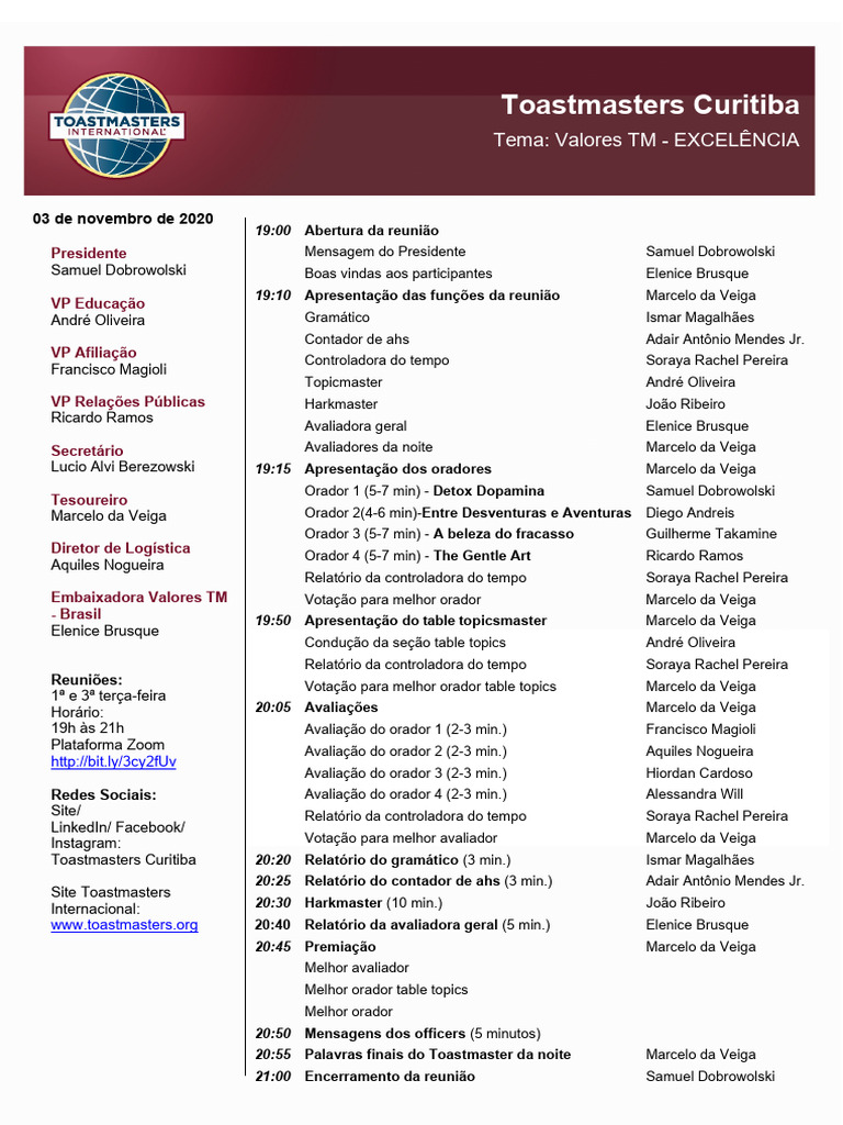 Toastmasters Curitiba: Tema: Valores TM - EXCELÊNCIA | PDF