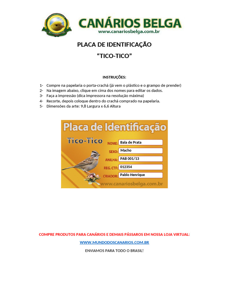 Placa Identificacao TICO TICO | PDF