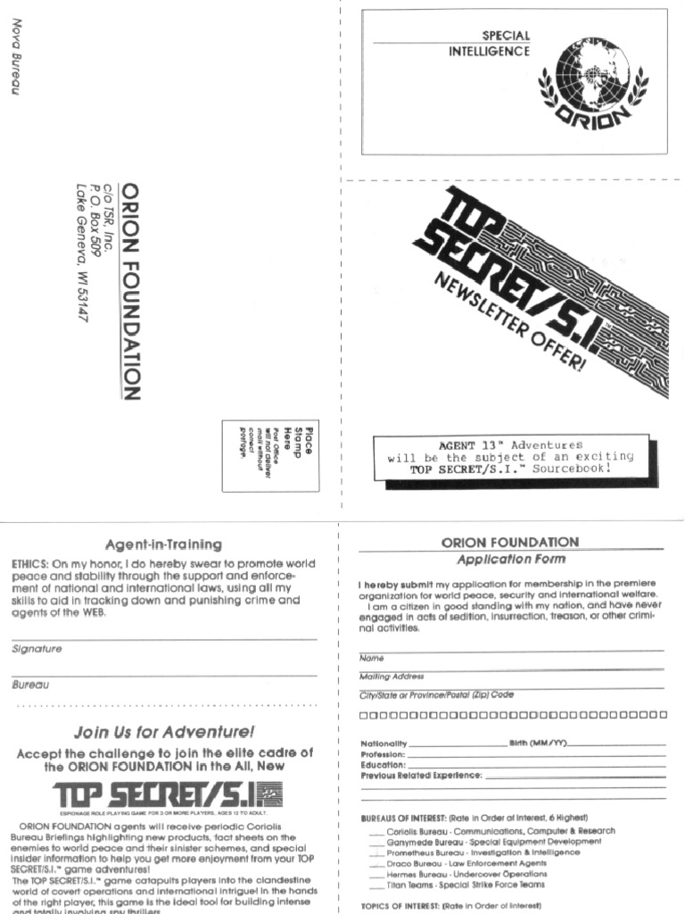 Top Secret S.I. - Orion Agent Card | PDF