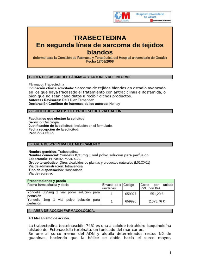 Trabectedina para Sarcoma Avanzado | PDF | Medicamentos con receta ...
