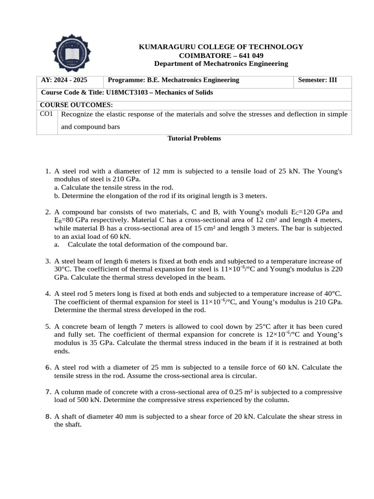 MOS - Tutorial Questions - 2024 To 2025 - Odd Semester | PDF