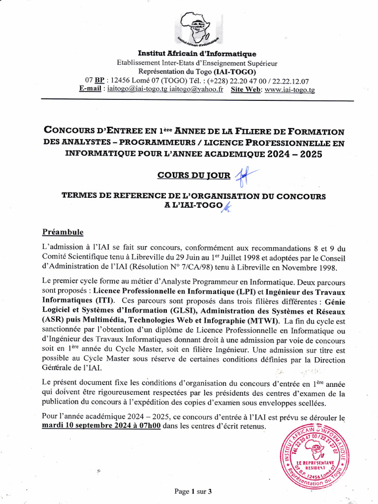 Termes de References - Concours - Cours Du Jour - 2024-2025 | PDF