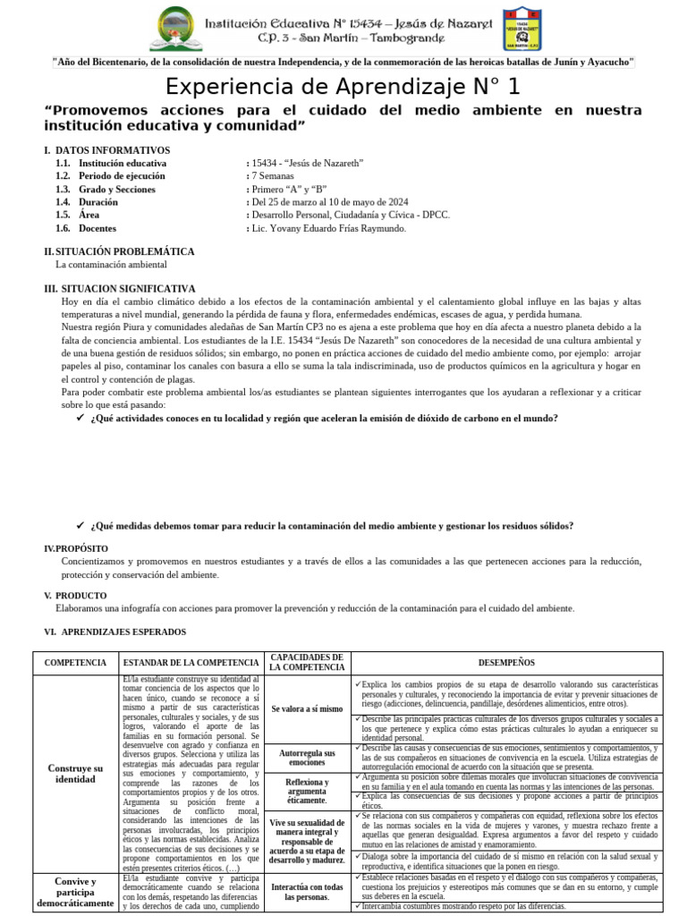 Experiencia de Aprendizaje 2024 - DPCC - Primero | PDF