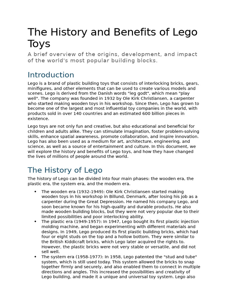 The History and Benefits of Lego Toys | PDF