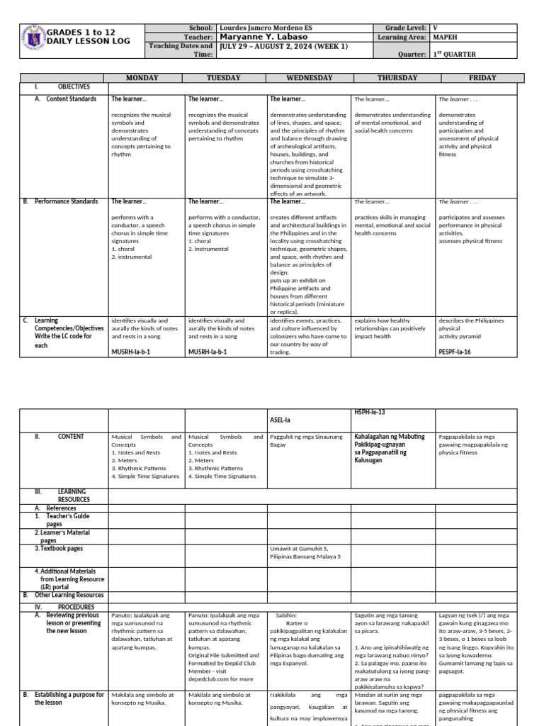 DLL - Mapeh 5 - Q1 - W1 | PDF