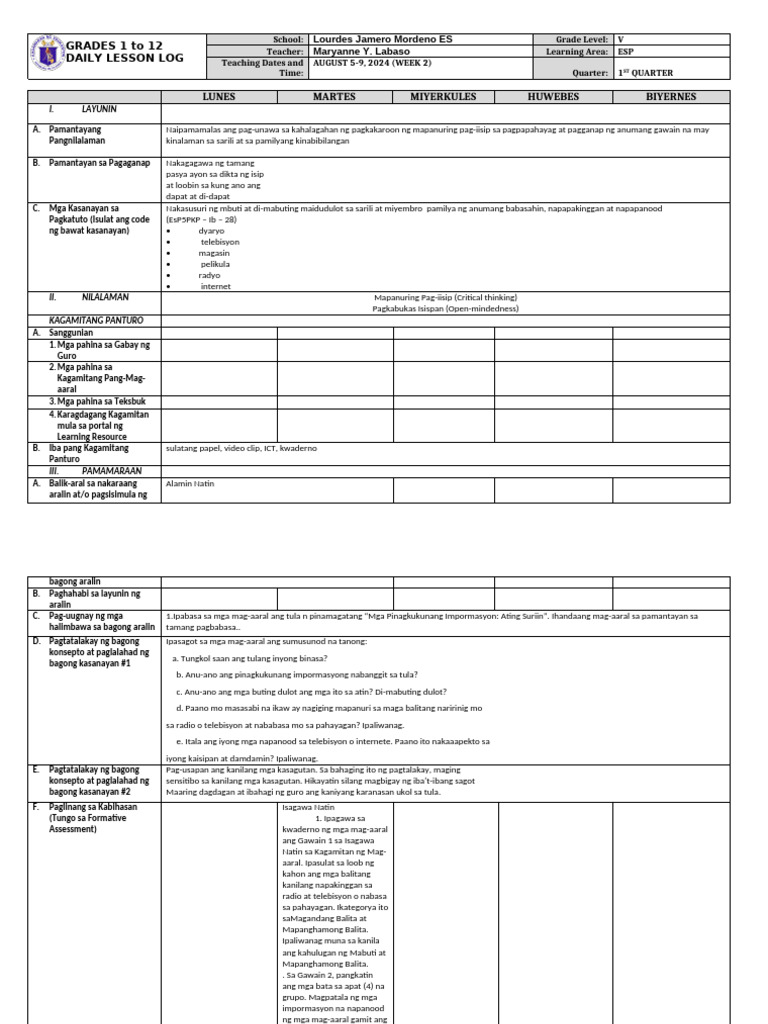 DLL - Esp 5 - Q1 - W2 | PDF