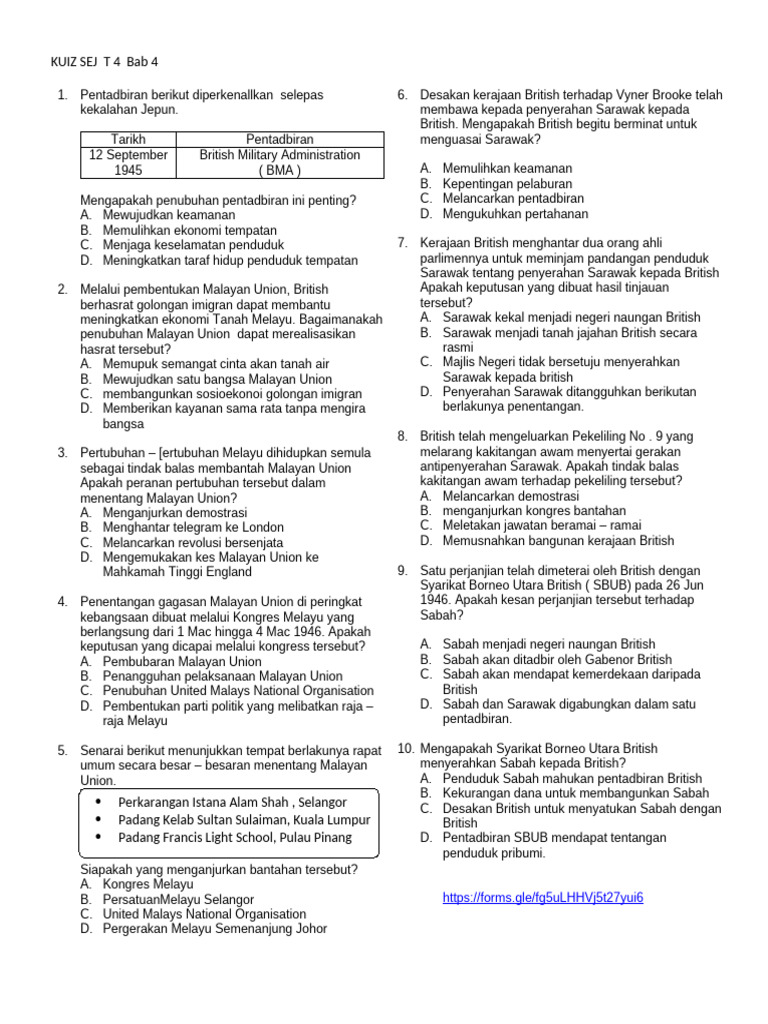 KUIZ SEJ T 4 Bab 4 | PDF