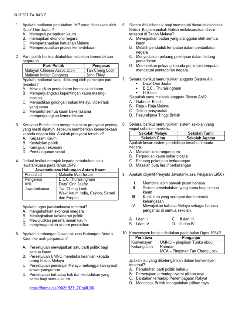 Kuiz Sej T 4 Bab 7 | PDF