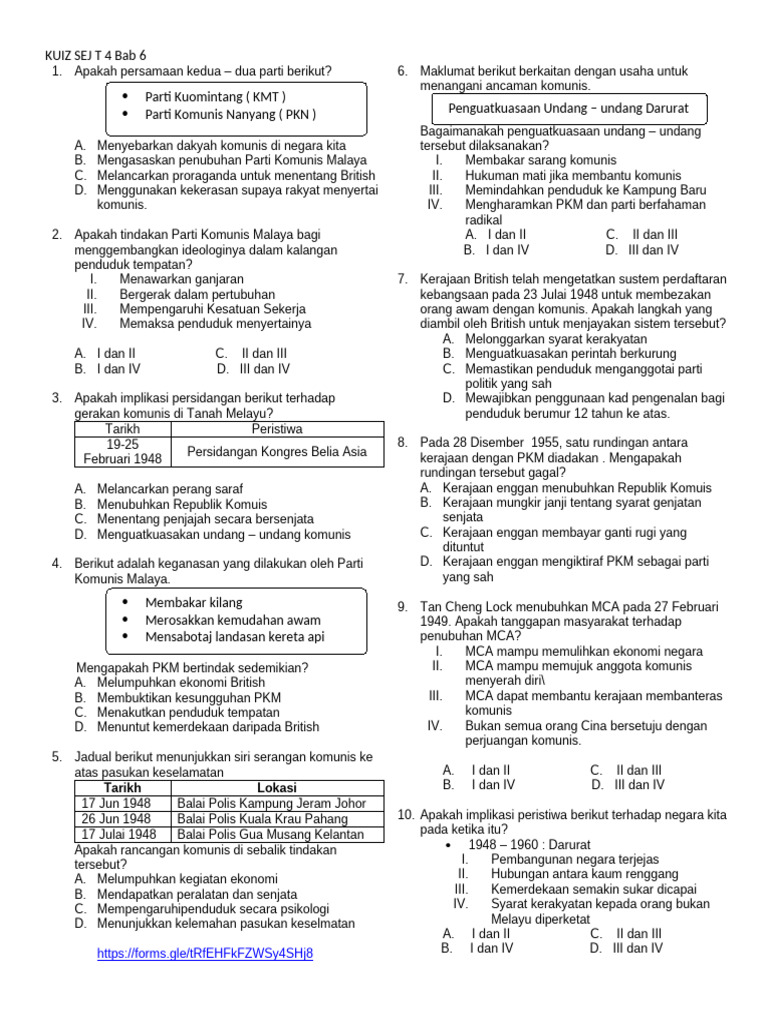 KUIZ SEJ T 4 Bab 6 | PDF