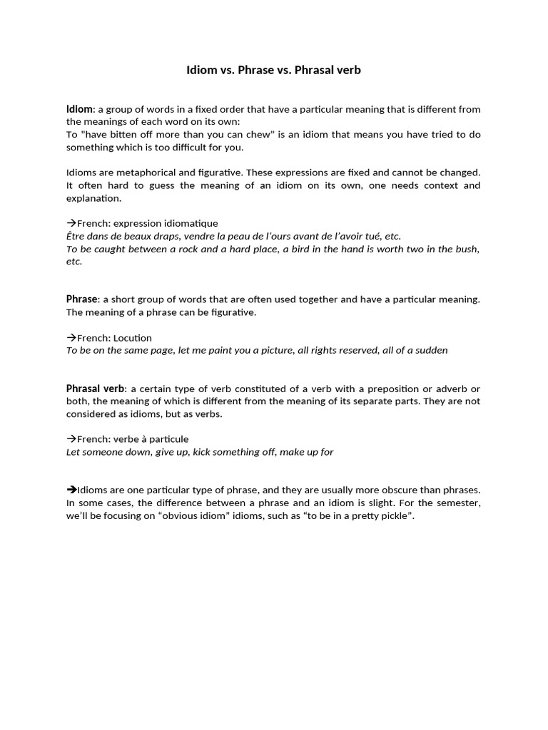 Idiom vs. Phrase vs. Phrasal Verb | PDF