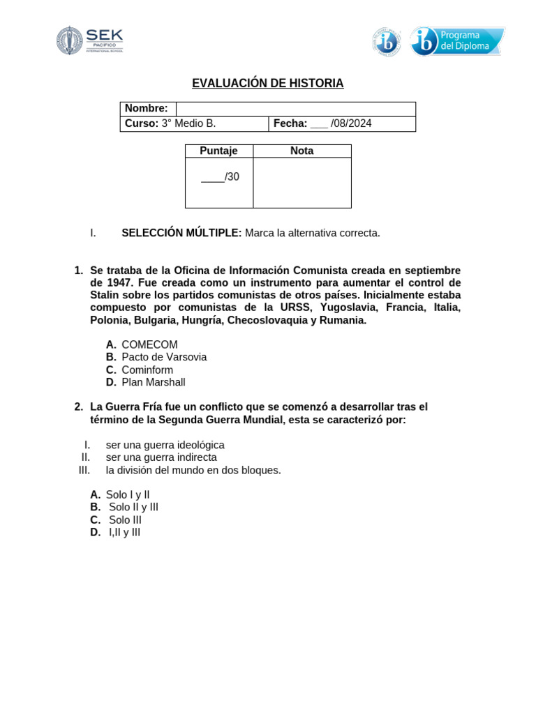 Prueba Guerra Fría Ib | PDF