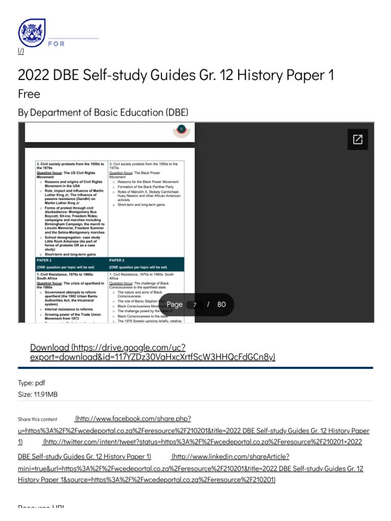 2022 DBE Self-Study Guides Gr. 12 History Paper 1 WCED Eportal | PDF