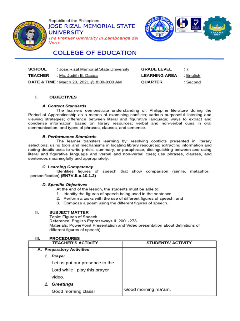 Lesson-Plan - Figures-Of-Speech (Simile, Metaphor, Personification) | PDF