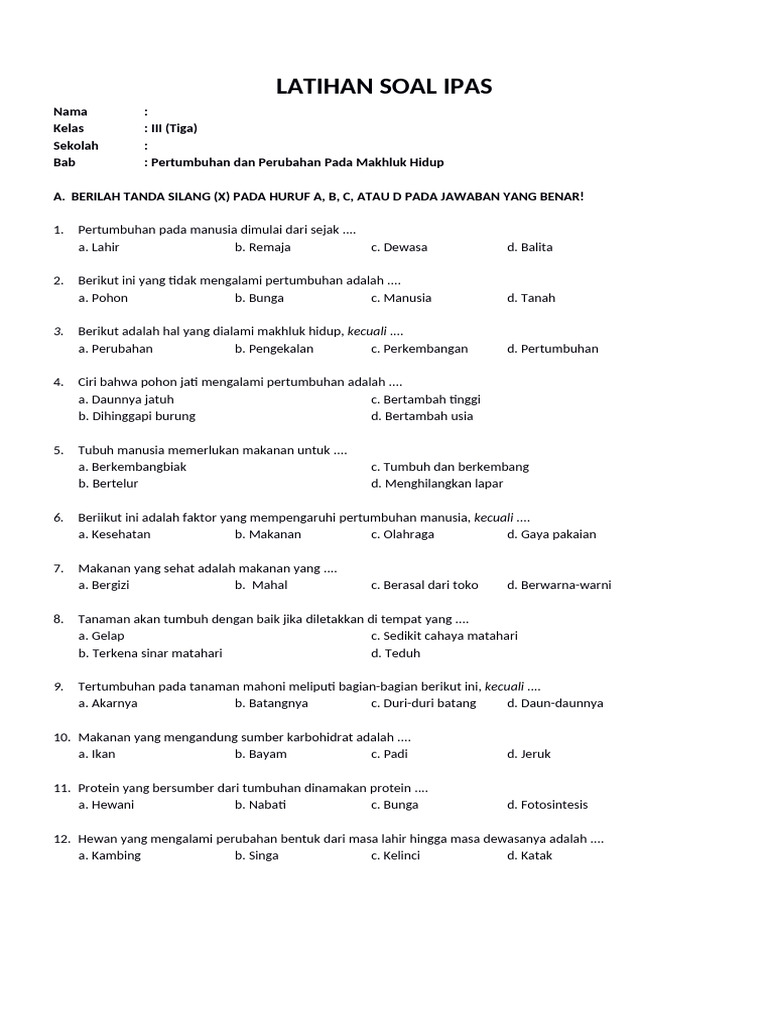 Soal IPA Kelas 3 SD Bab 3 Perubahan Pada Makhluk Hidup | PDF