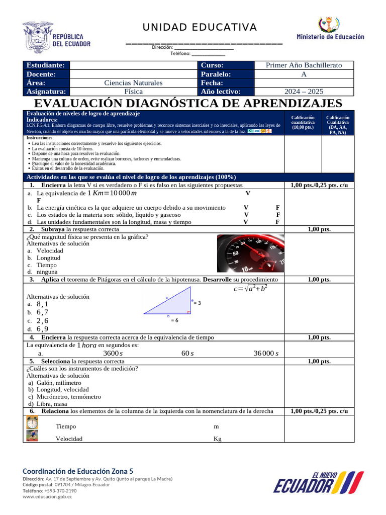 Eval Diagnóstica de Aprendizajes 1ro Bgu Física - 2024 | PDF