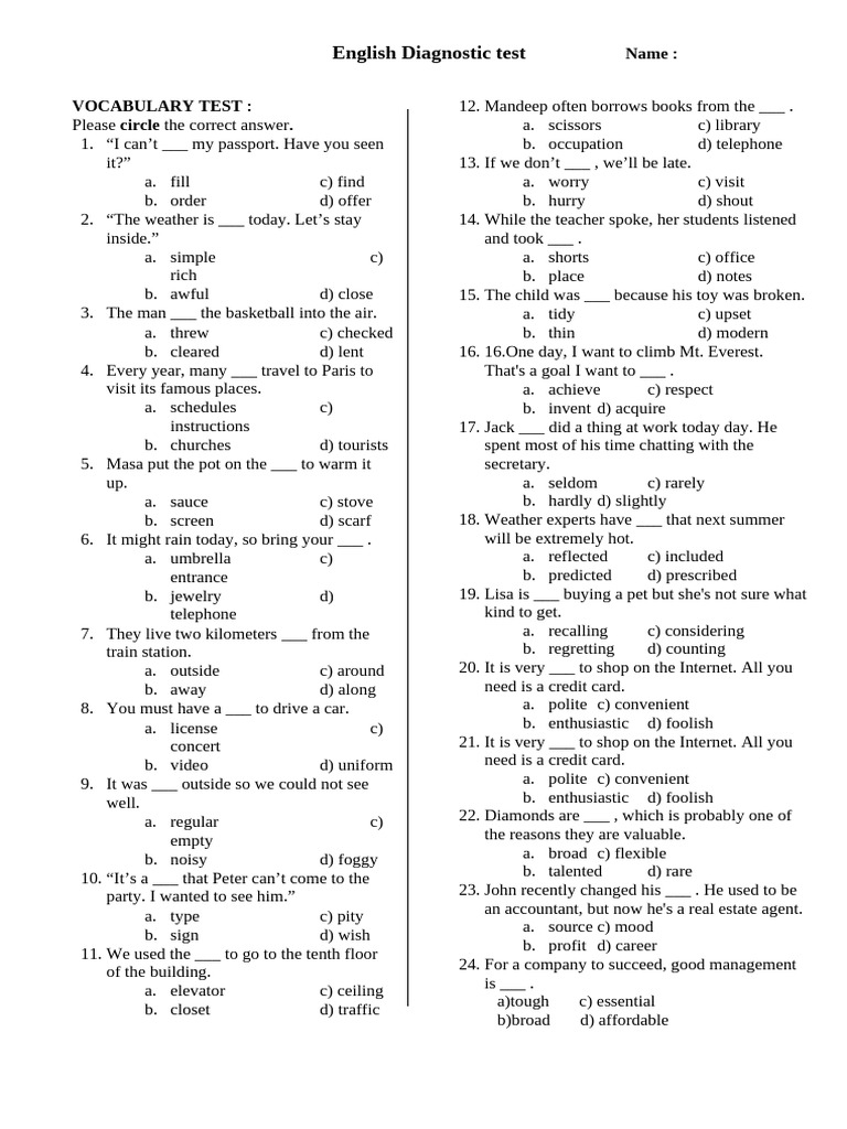 English Diagnostic Test | PDF