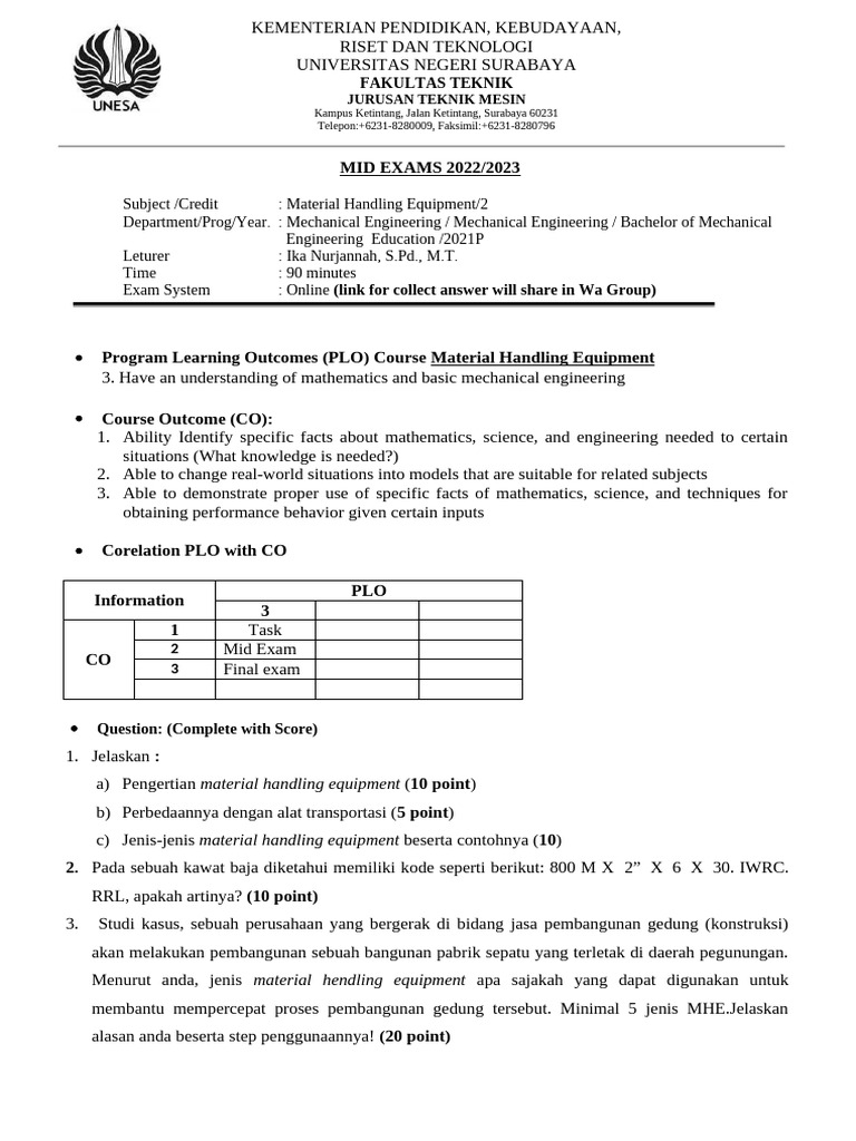 Uts Pesawat Kerja Genap 2022-2023 | PDF