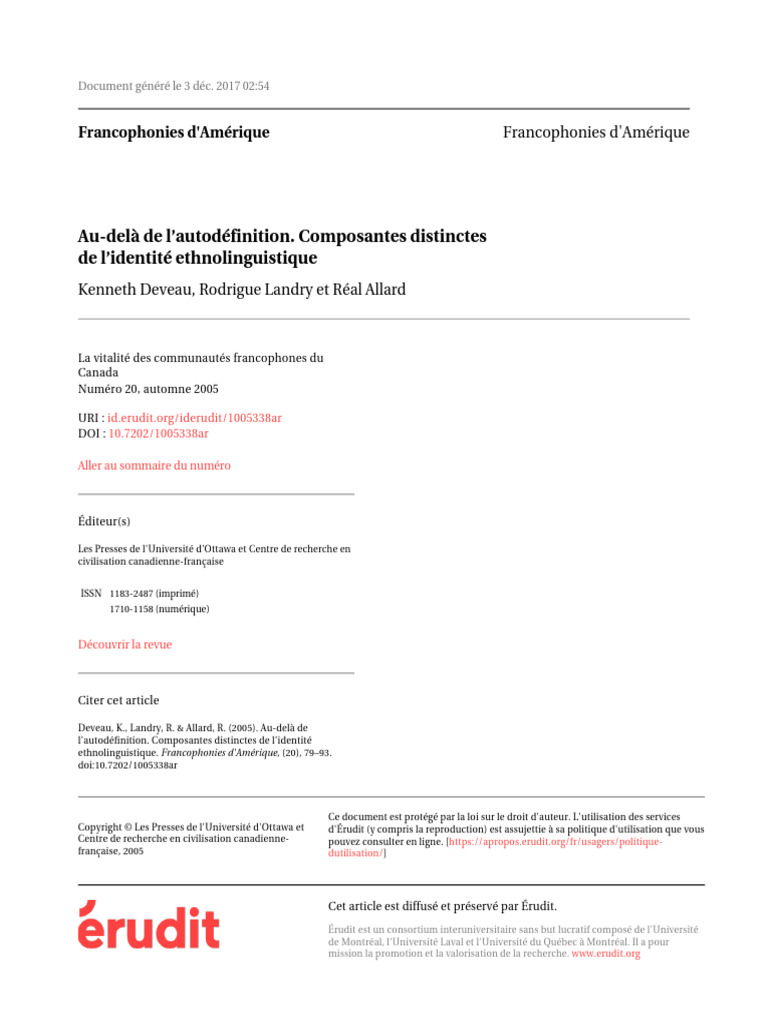 Deveau Et Alii Au-Delà de L'autodéfinition. Composantes Distinctes de ...