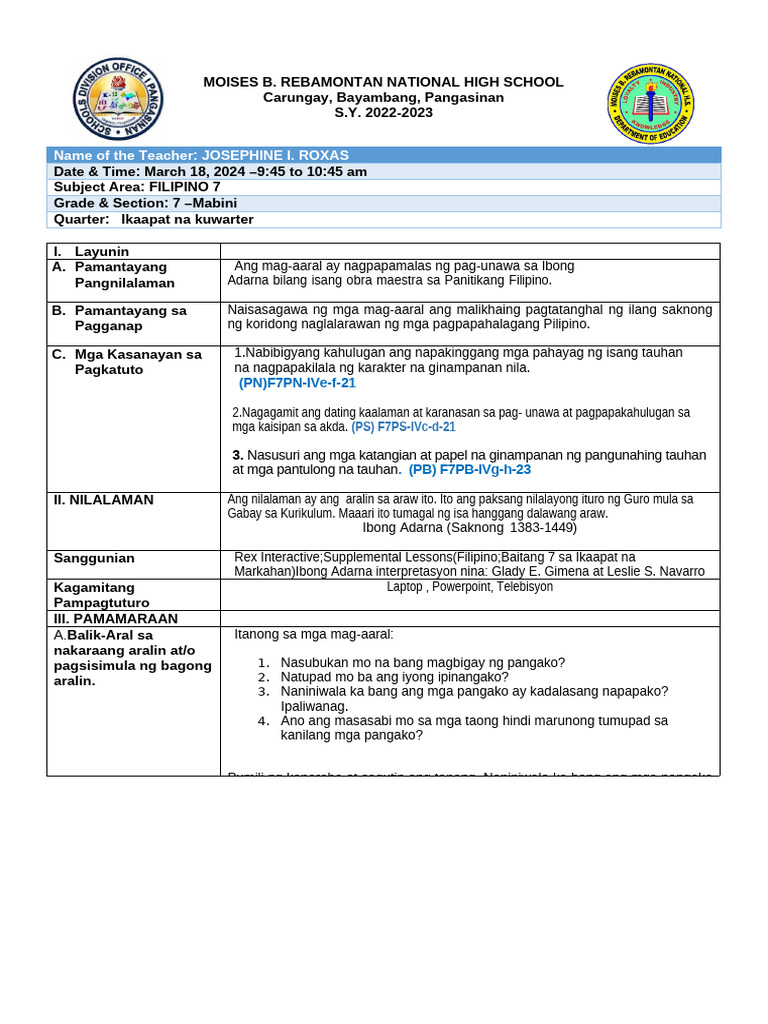 Josephine DLL For Observation COT 2 2022-2023 | PDF