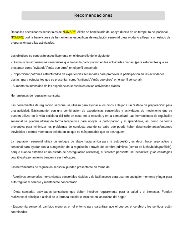 OT Sensory Recommendations | PDF