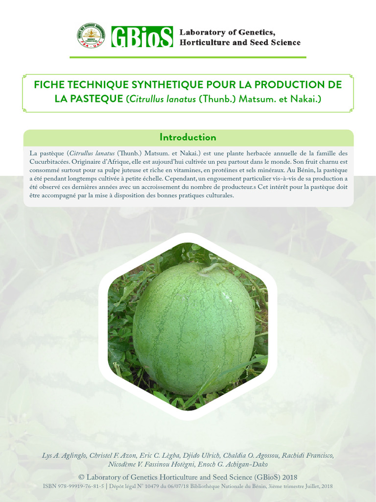 FICHE TECHNIQUE SYNTHETIQUE POUR LA PRODUCTION DE LA PASTEQUE (Citrullus Lanatus Thunb.) | PDF