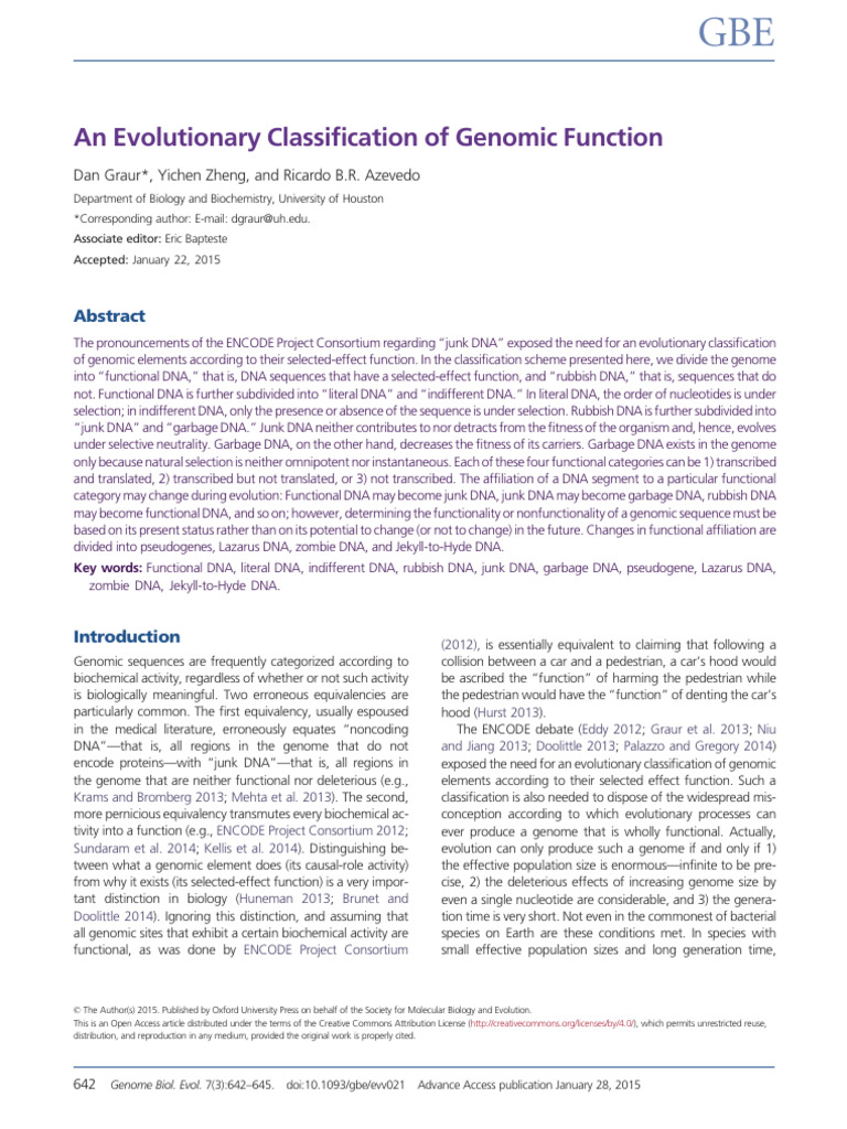 An Evolutionary Classification of Genomic Function | PDF