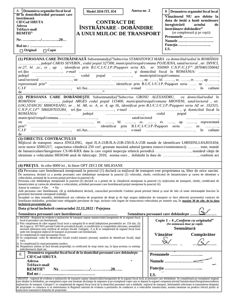 Contract de Înstrăinare - Dobândire A Unui Mijloc de Transport | PDF