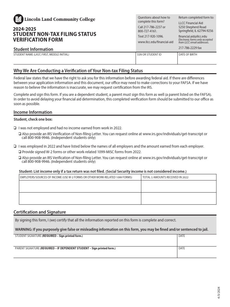 FA 24-25 Student Non-Tax Filing Status Verification Form - Accessible | PDF