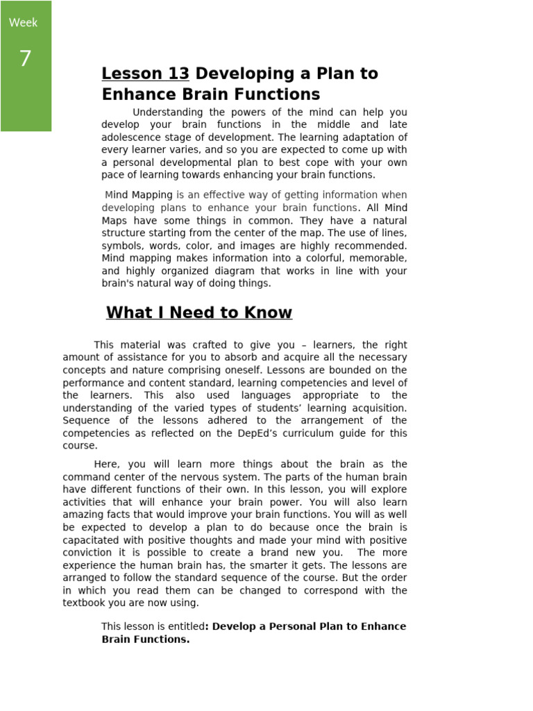 Lesson 13 Developing A Plan To Enhance Brain Functions | PDF