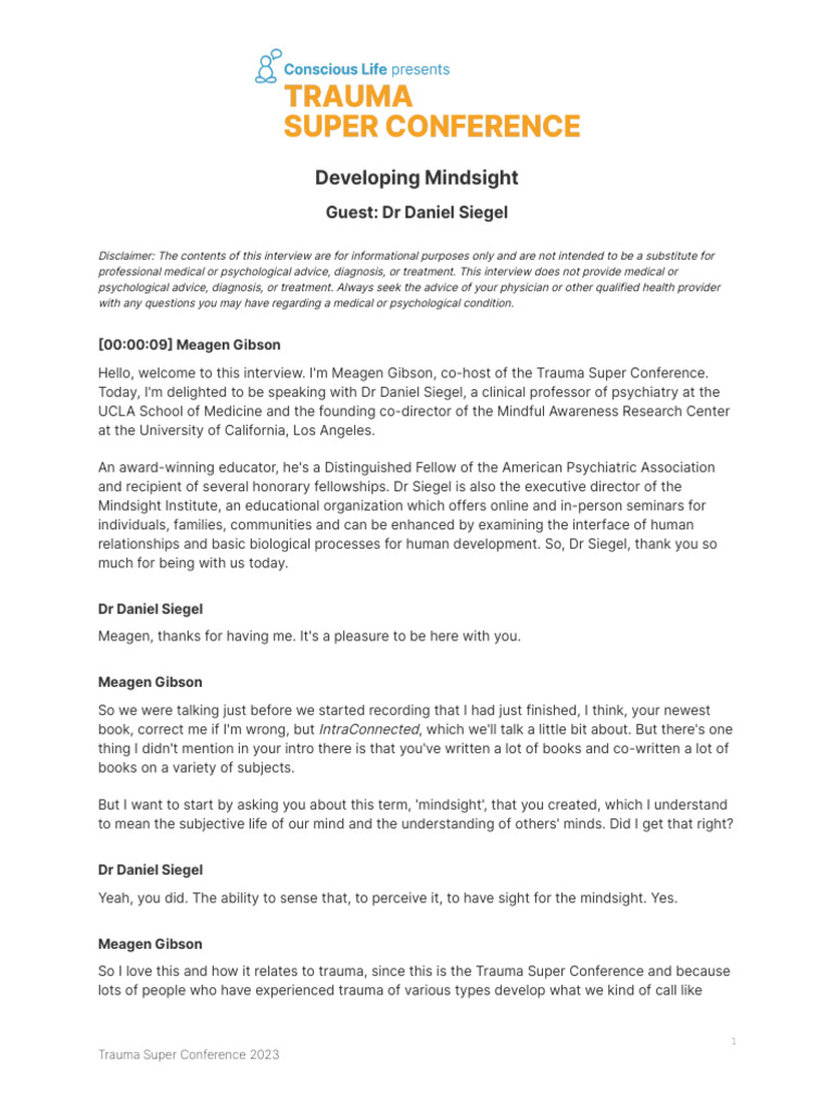 DR Daniel Siegel Developing Mindsight | PDF