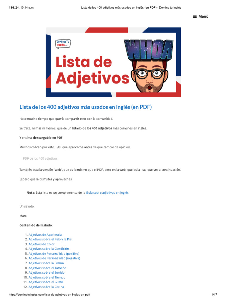 Lista De Los 400 Adjetivos Más Usados En Inglés En Pdf Domina Tu