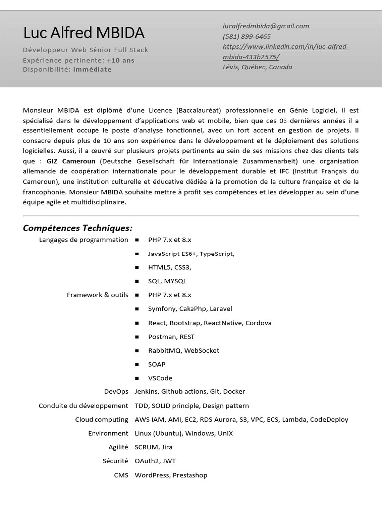 Luc Alfred MBIDA CV DEV FS FR LITE | PDF