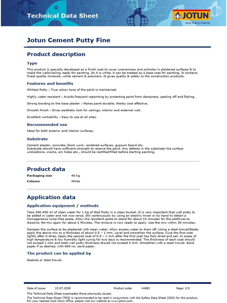 TDS 44885 Jotun Cement Putty Fine Euk GB | PDF | Plaster | Home & Garden