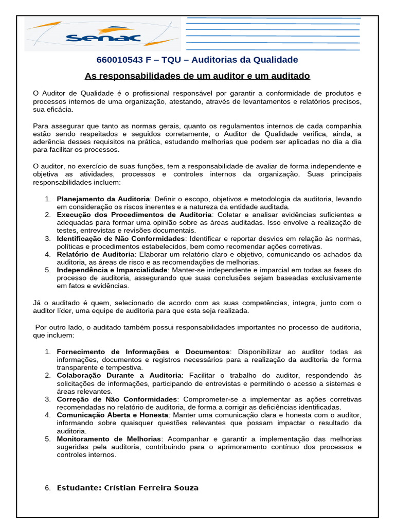 As Responsabibidades de Um Auditor e Auditado TQu | PDF