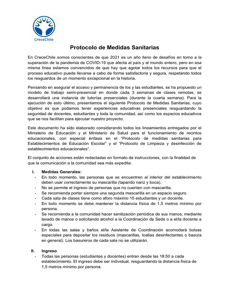 Protocolo de Medidas Sanitarias CreceChile 2021 | PDF