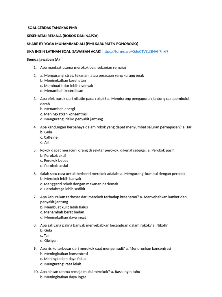 Soal CT PMR PMI (Rokok Dan Napza) ) | PDF