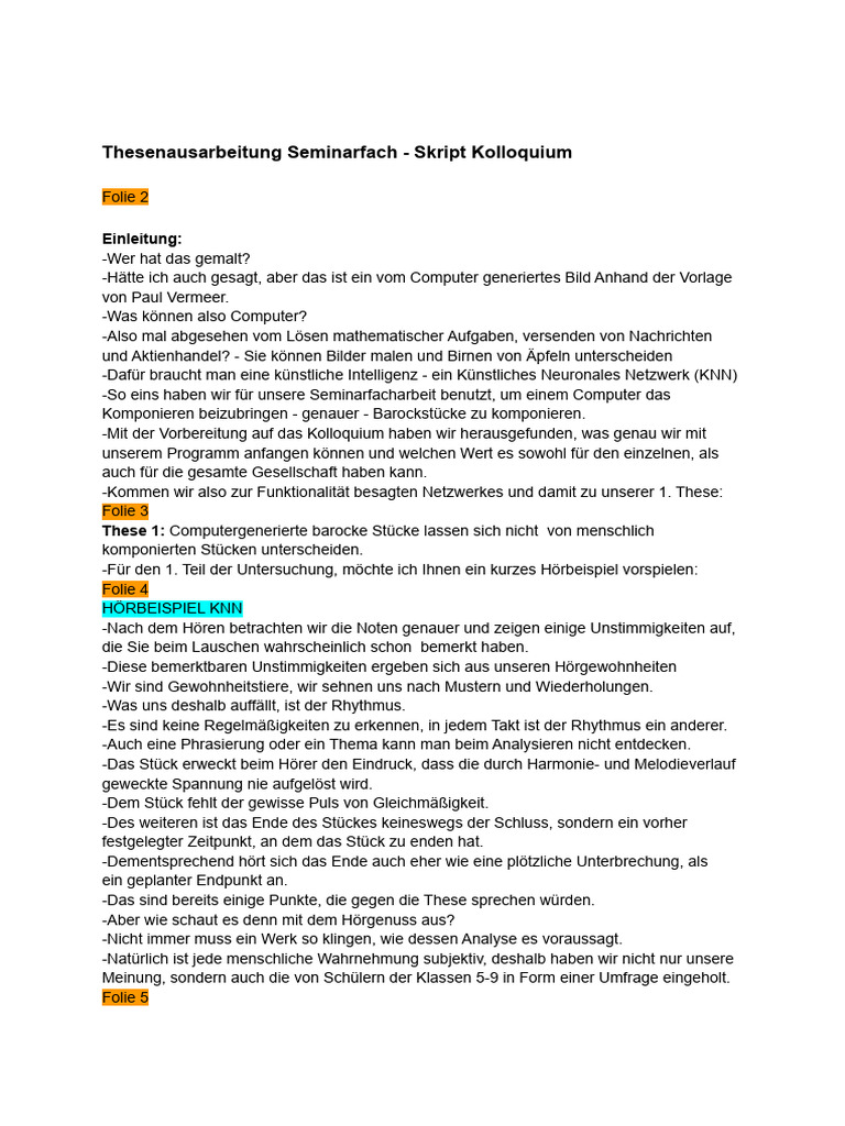 Thesenausarbeitung Seminarfach - Skript Kolloquium 2 | PDF