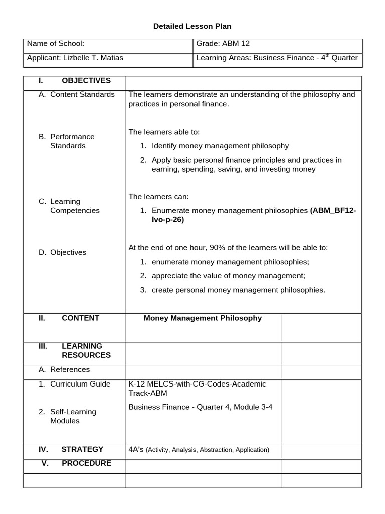 Detailed Lesson Plan in Business Finance | PDF