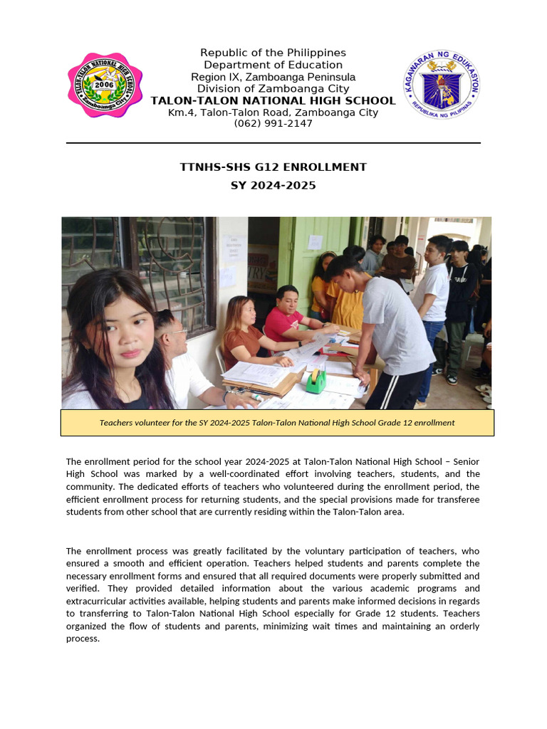 Narrative Report Be 2024 G12 Enrollment | PDF