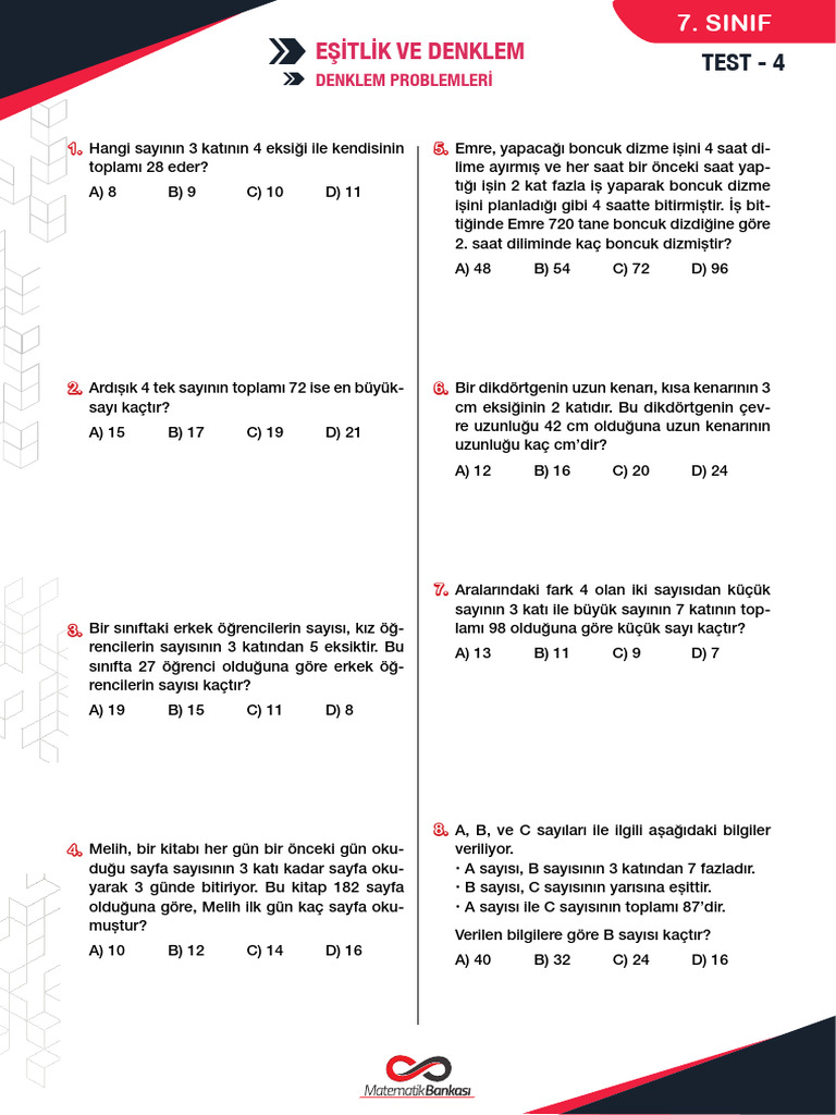 7sinif Denklem Problemleri | PDF
