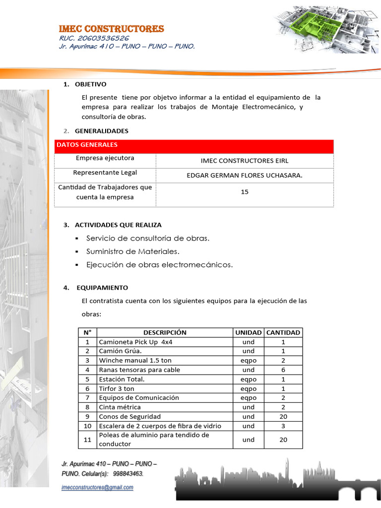 Equipamiento Imec Constructores | PDF