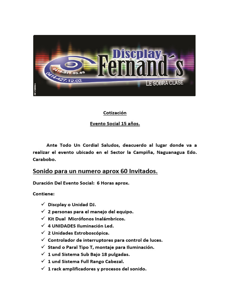 Cotización Discplay Fernands 15 Años | PDF