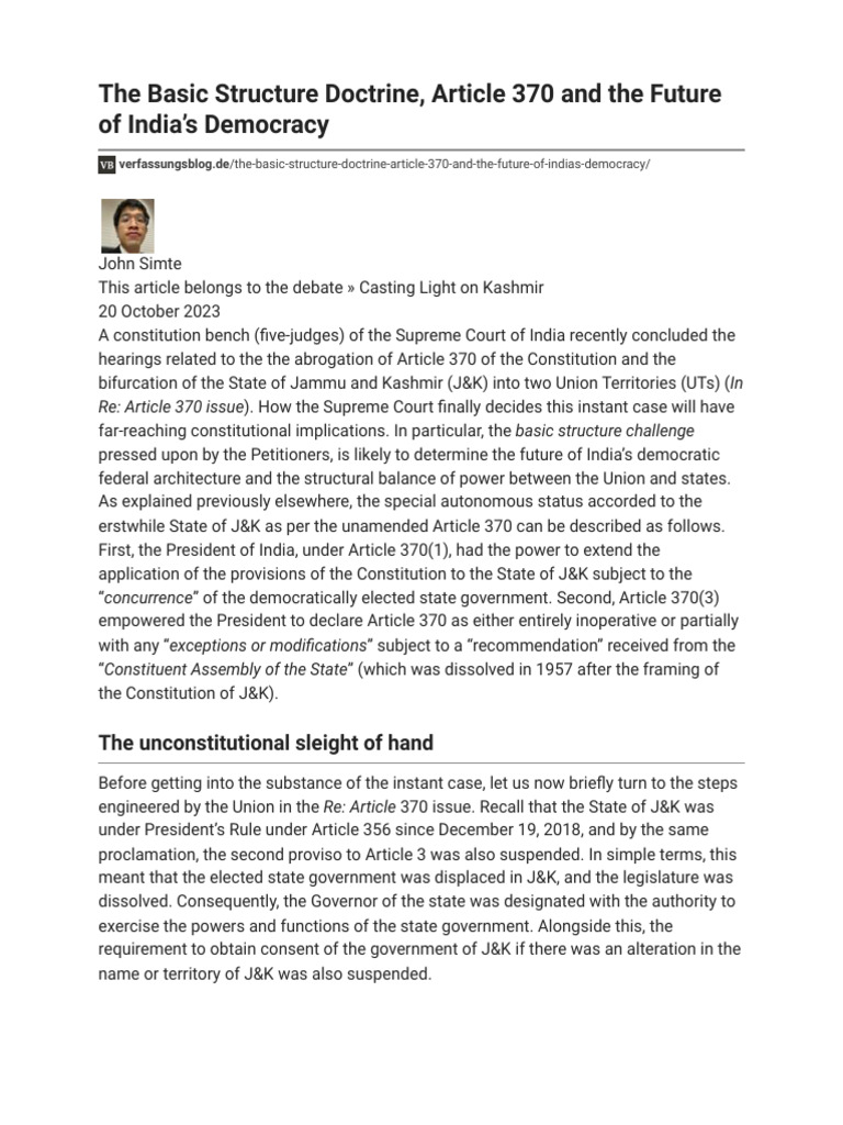 The Basic Structure Doctrine, Article 370 and The Future of India's ...