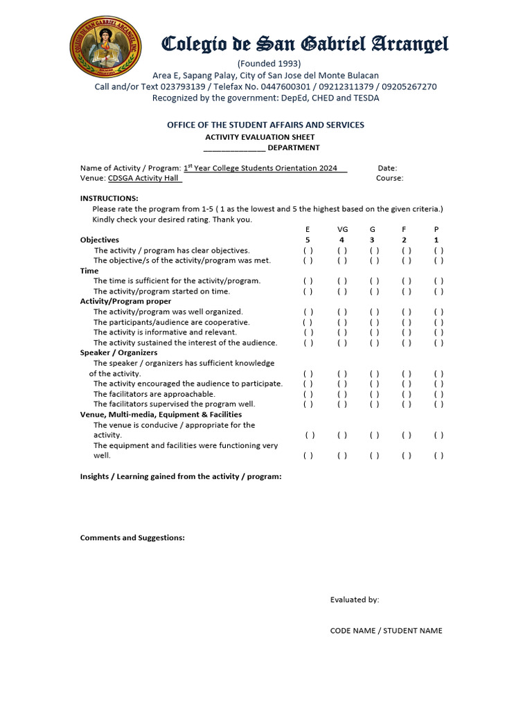 Activity Evaluation Sheet | PDF | Behavior Modification | Career & Growth