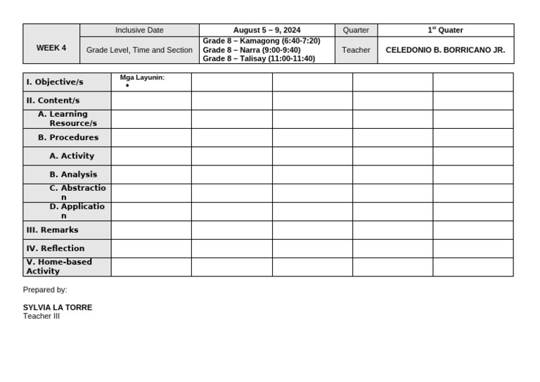 WLP Template 1 Week Plan | PDF
