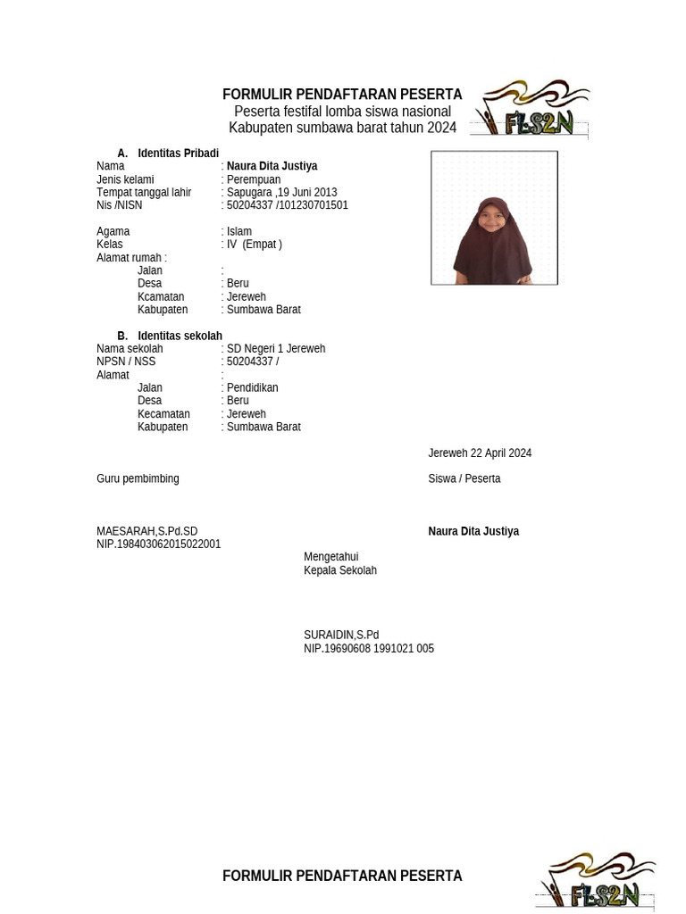 Formulir Pendaftaran Peserta FLS2N | PDF